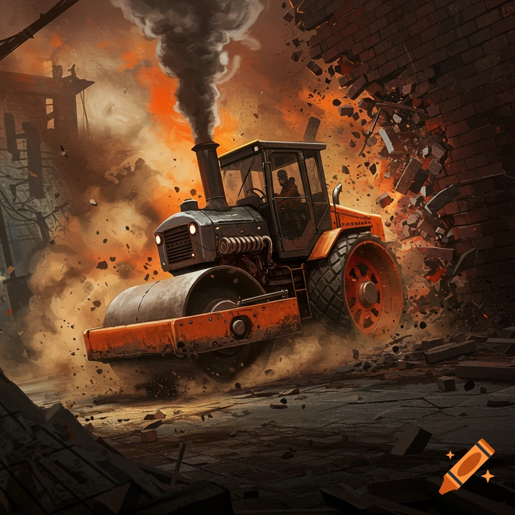 A powerful steam roller crashes through a brick wall, sending debris ...