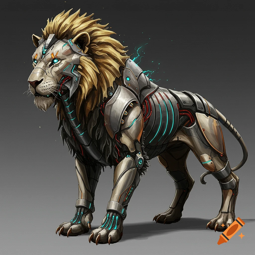 A biomechanical lion with armor and glowing energy lines stands on a ...
