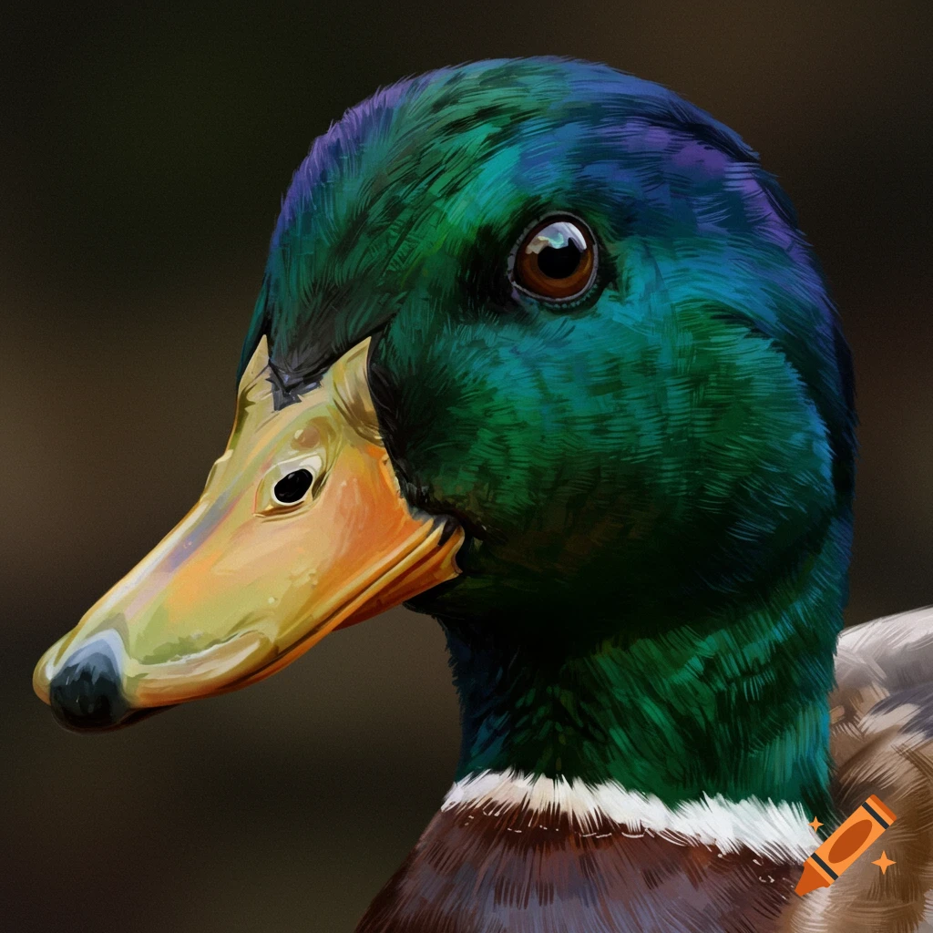 Close-up portrait of a mallard duck drake's head with iridescent green ...
