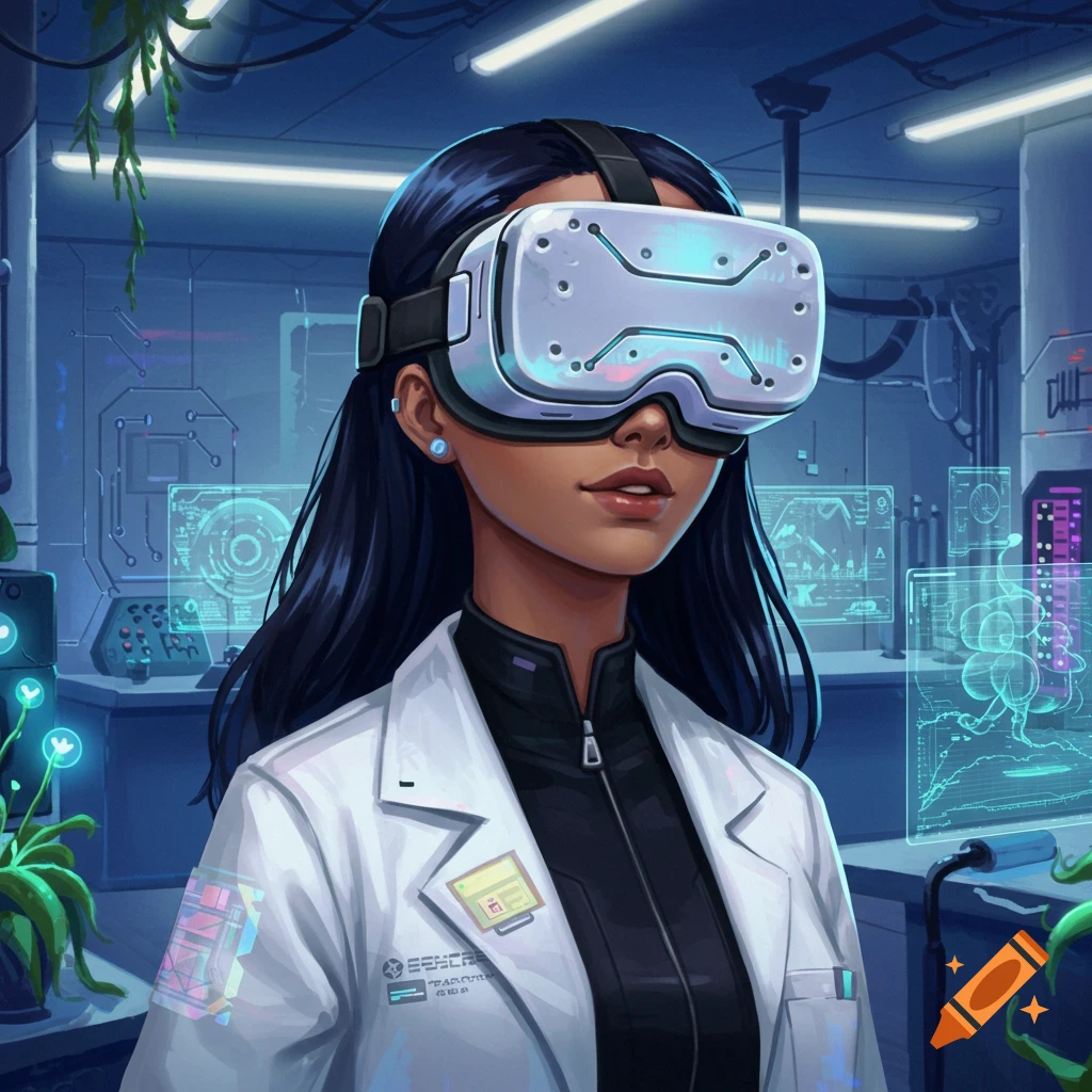 A future scientist wearing a VR headset in a lab with screens. on Craiyon