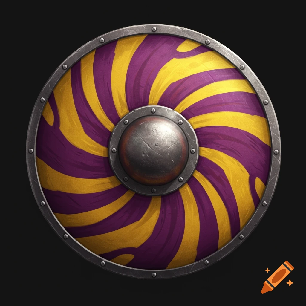 A circular shield with swirling purple and gold stripes and a central ...