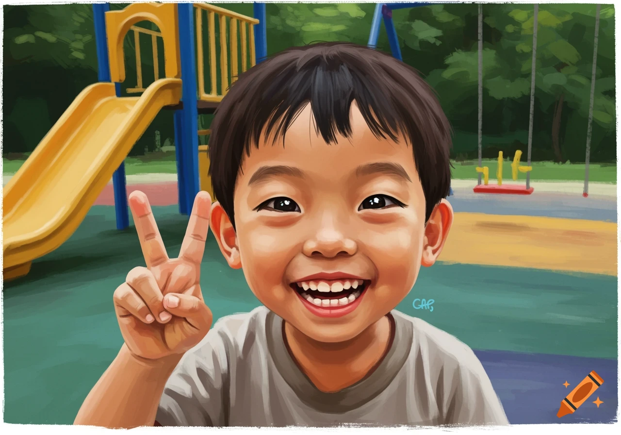 Smiling boy holding up a peace sign in a playground, digital ...