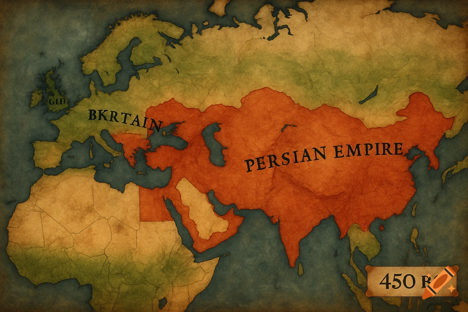 Aged map highlighting the Persian Empire and parts of Europe and Africa ...