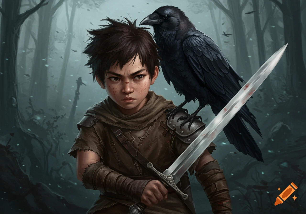 A young boy with a sword and a crow perched on his shoulder stands in a ...