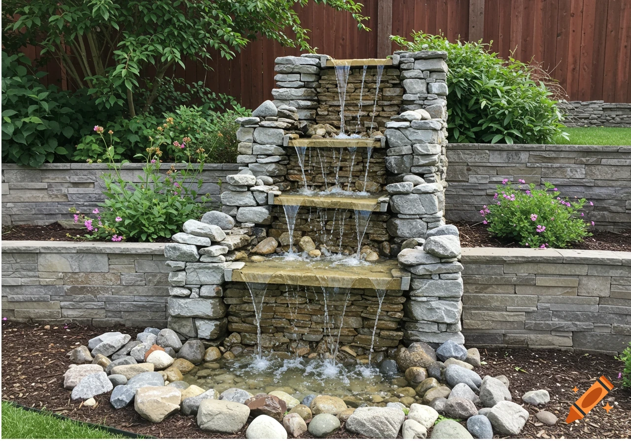 A multi-tiered stone waterfall cascades into a pond in a lush backyard ...