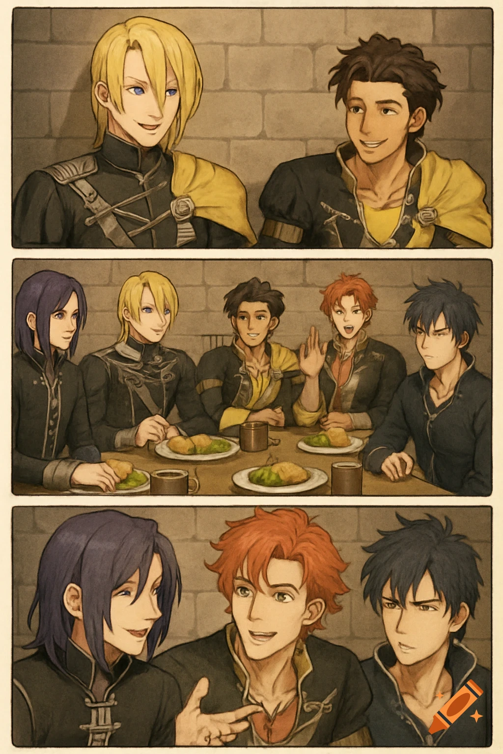 Three panels show male anime characters from Fire Emblem eating lunch ...