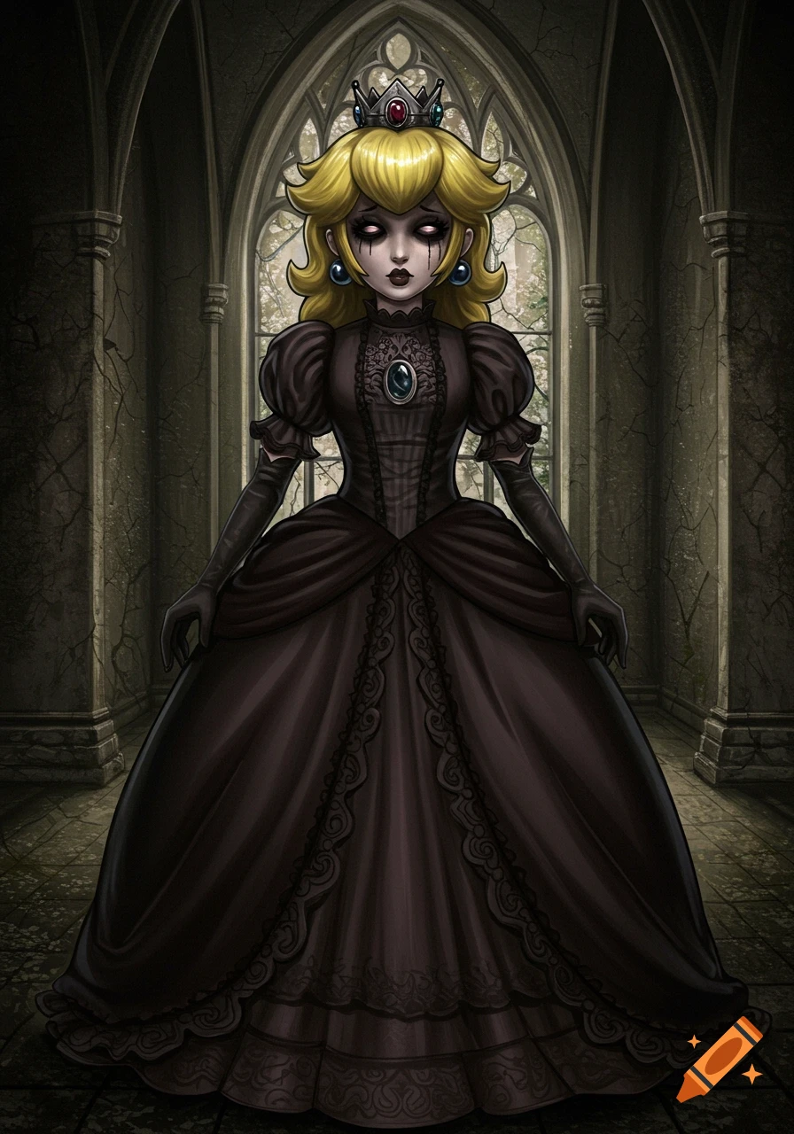 Illustration of gothic Princess Peach in a dark dress standing in a ...