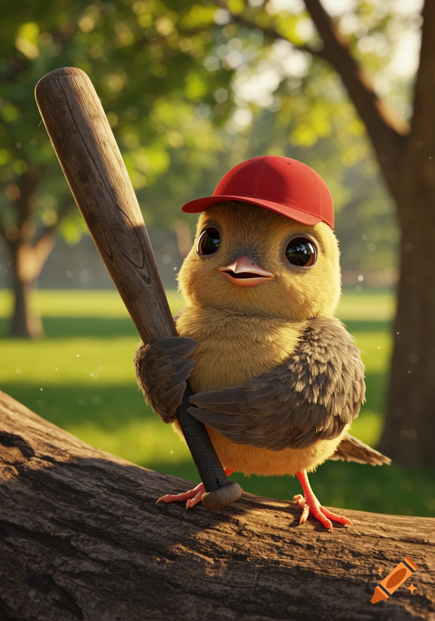 A cute baby bird wearing a red baseball cap holds a giant baseball bat ...
