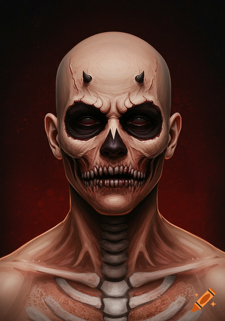 Close-up portrait of a horror character with skull makeup, small horns ...