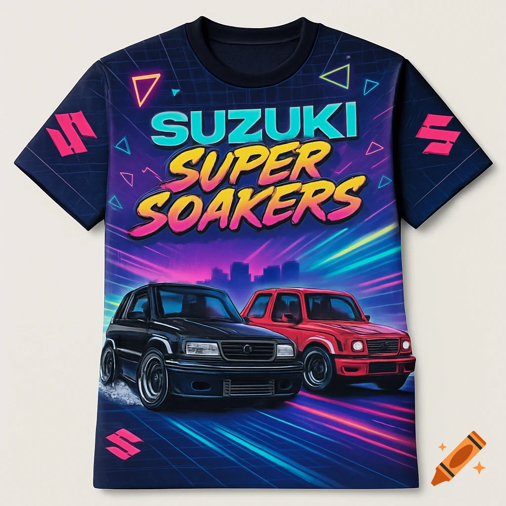 Retro 90s style t-shirt design with text "Suzuki Super Soakers", two ...