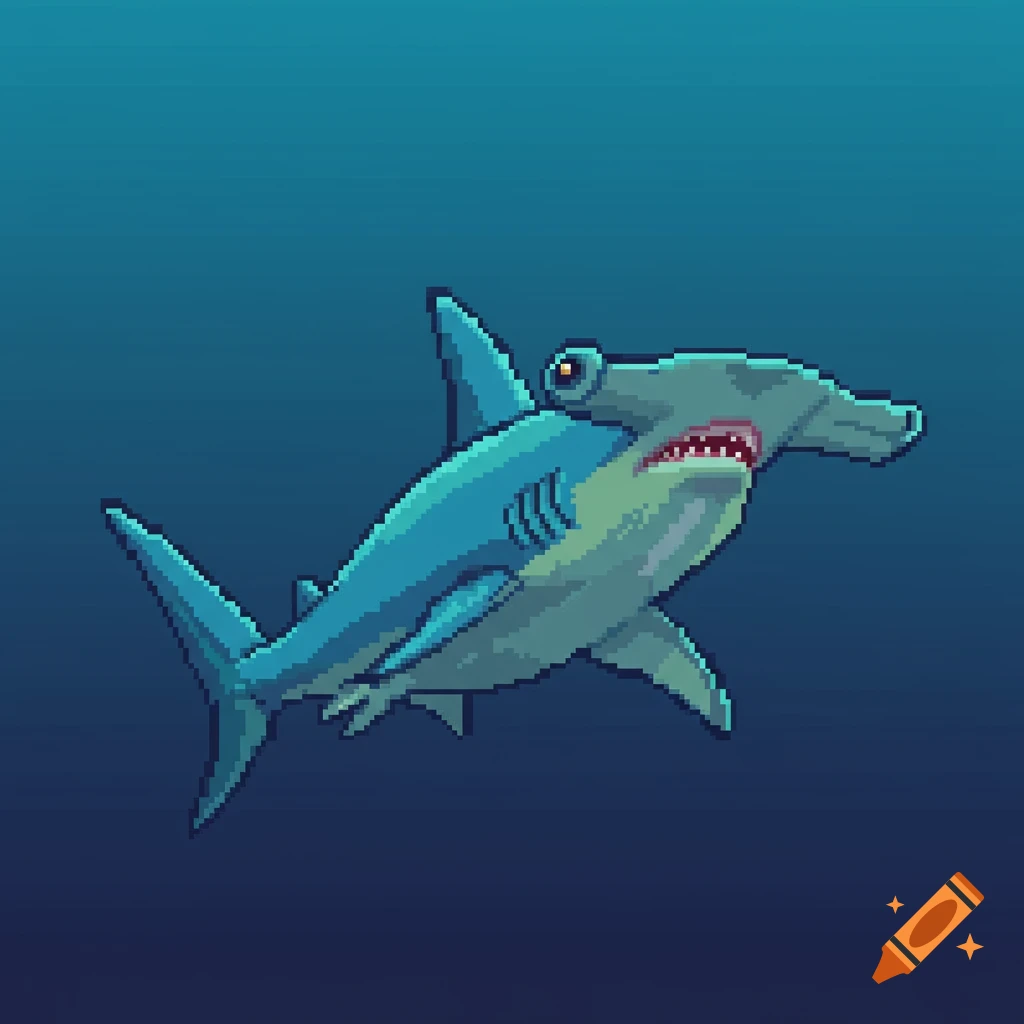 Pixel art hammerhead shark swimming in blue water. on Craiyon