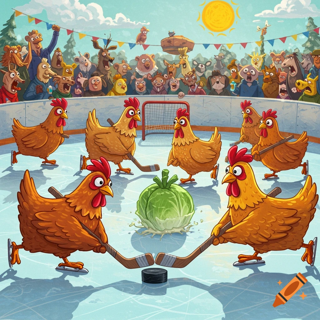 Cartoon chickens playing hockey with a cabbage puck watched by a crowd ...