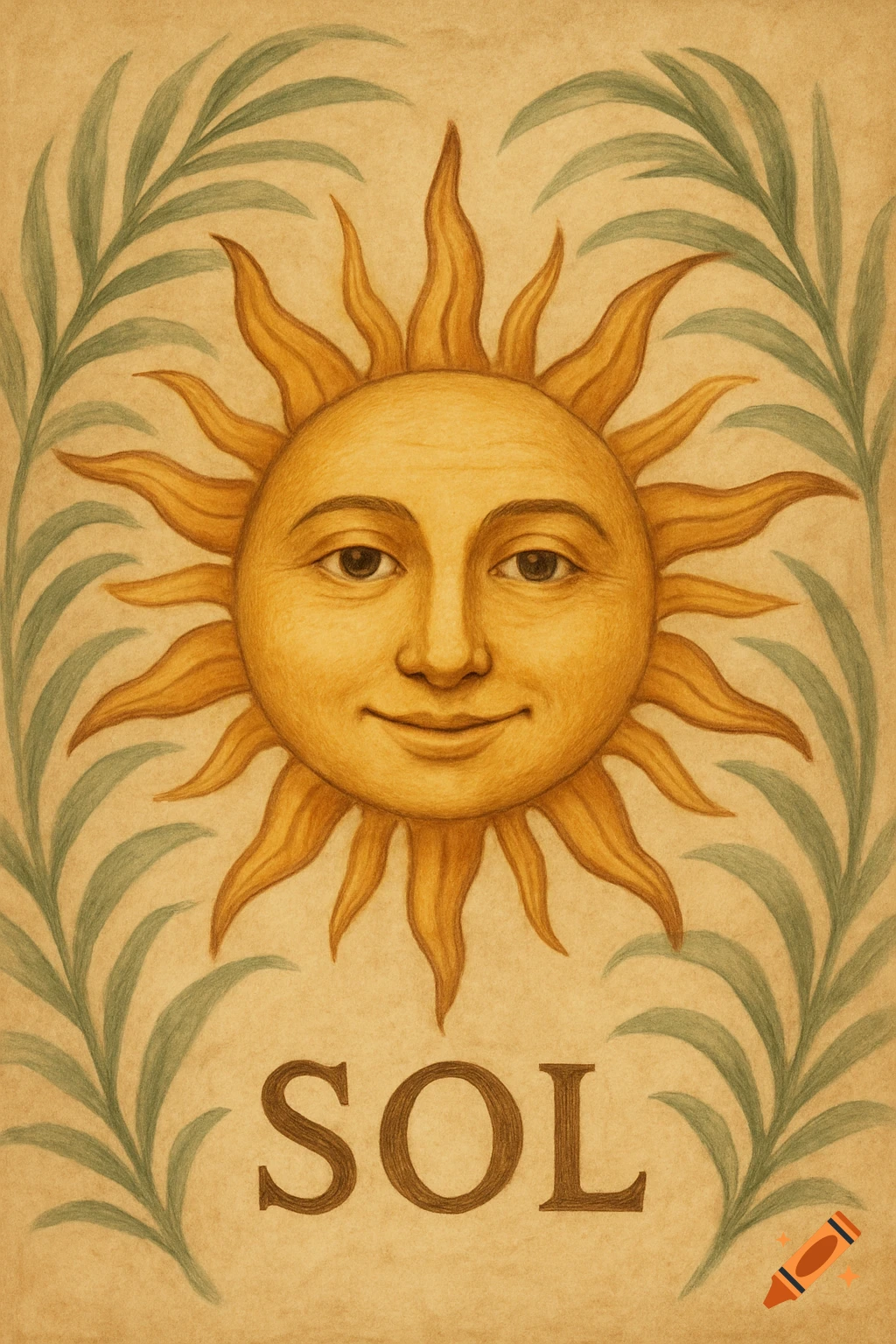 Drawing of a sun with a face and rays, framed by leaves, with the word ...
