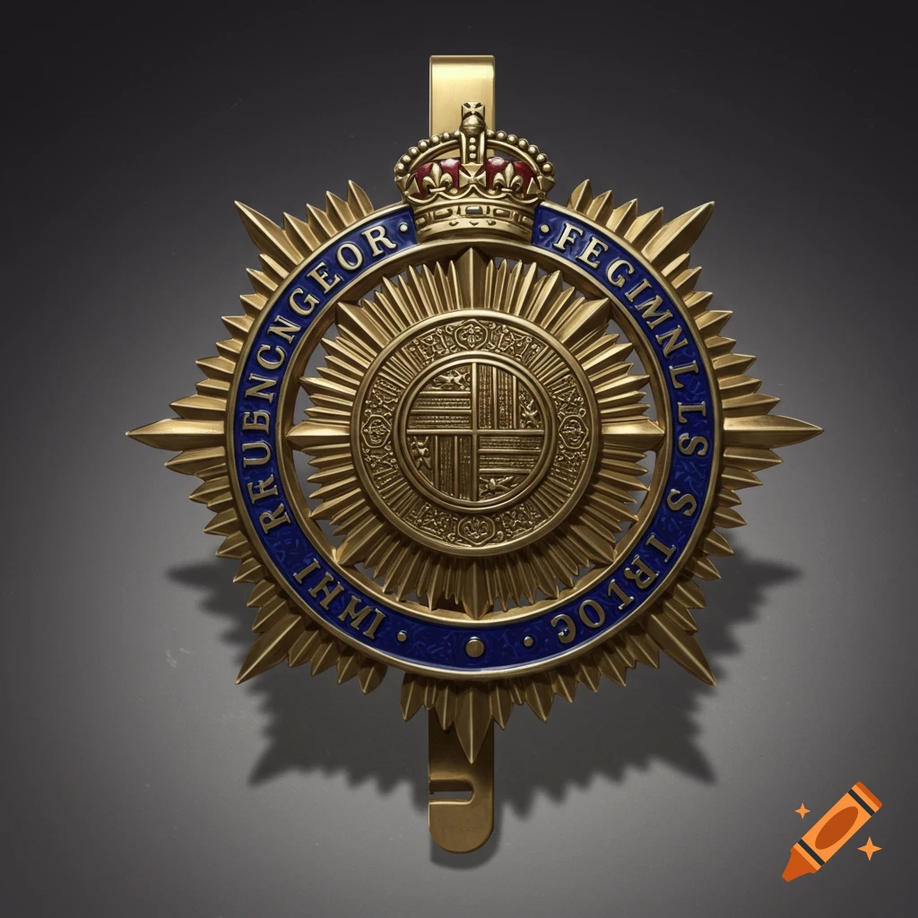 Close-up of a detailed gold military badge with a blue ring and crown ...