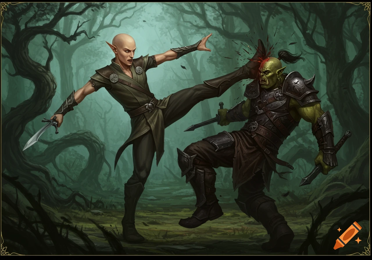 Bald elf kicks an orc in the head during combat in a dark forest. on ...