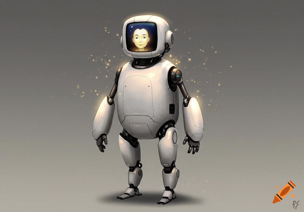 Digital painting of a white robot with a screen face showing a person ...