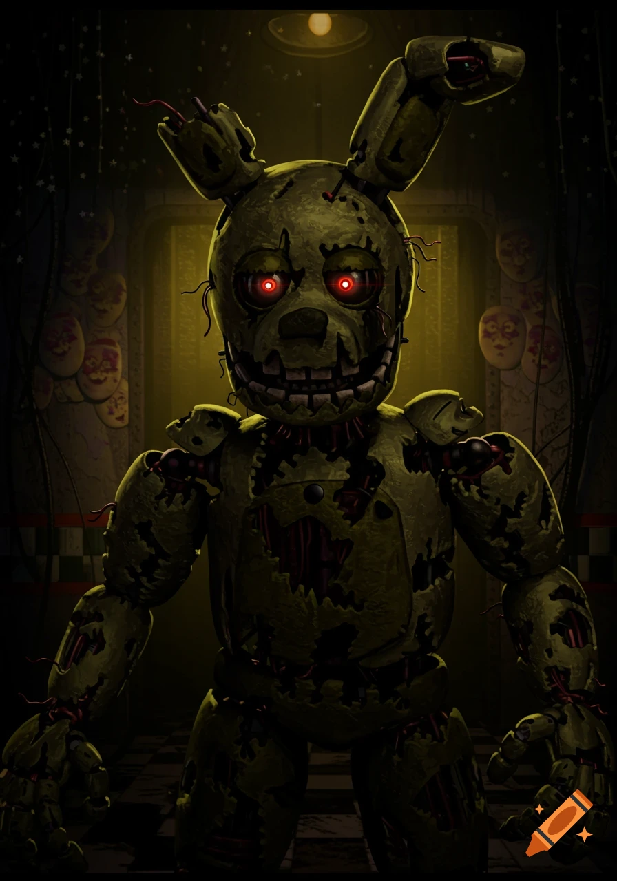 A damaged animatronic with glowing red eyes stands in a dark room. on ...