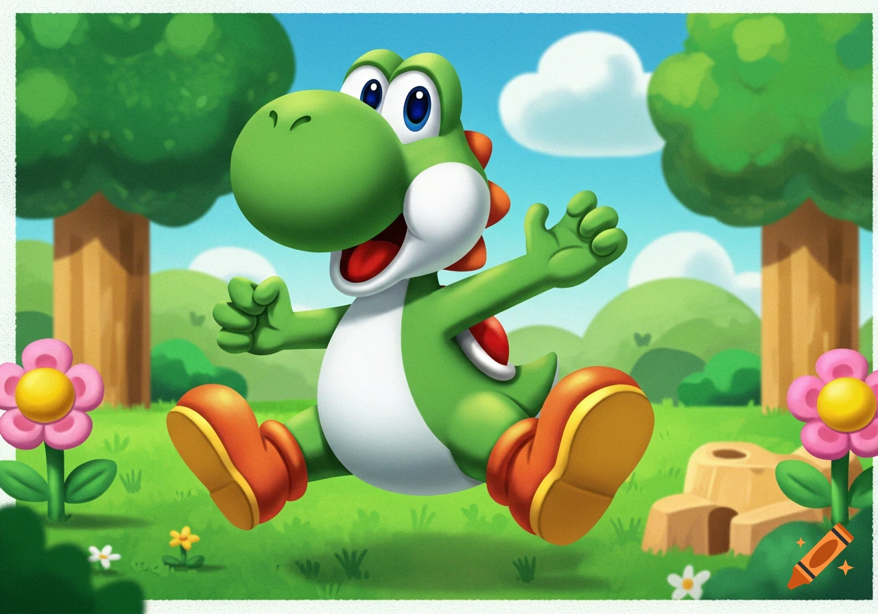 Yoshi leaps in a colorful field with flowers and trees. on Craiyon