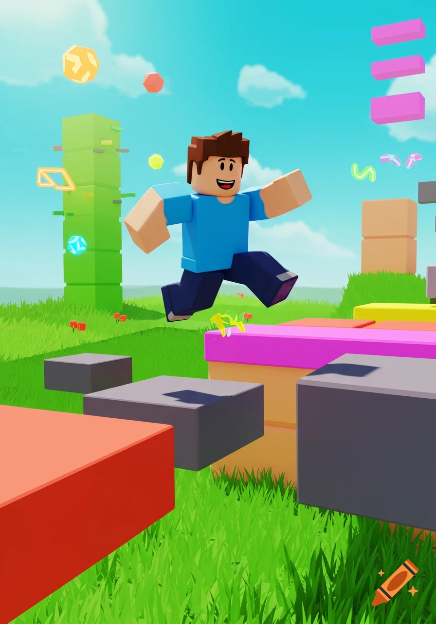 Roblox character jumps across colorful platforms in a bright obstacle ...