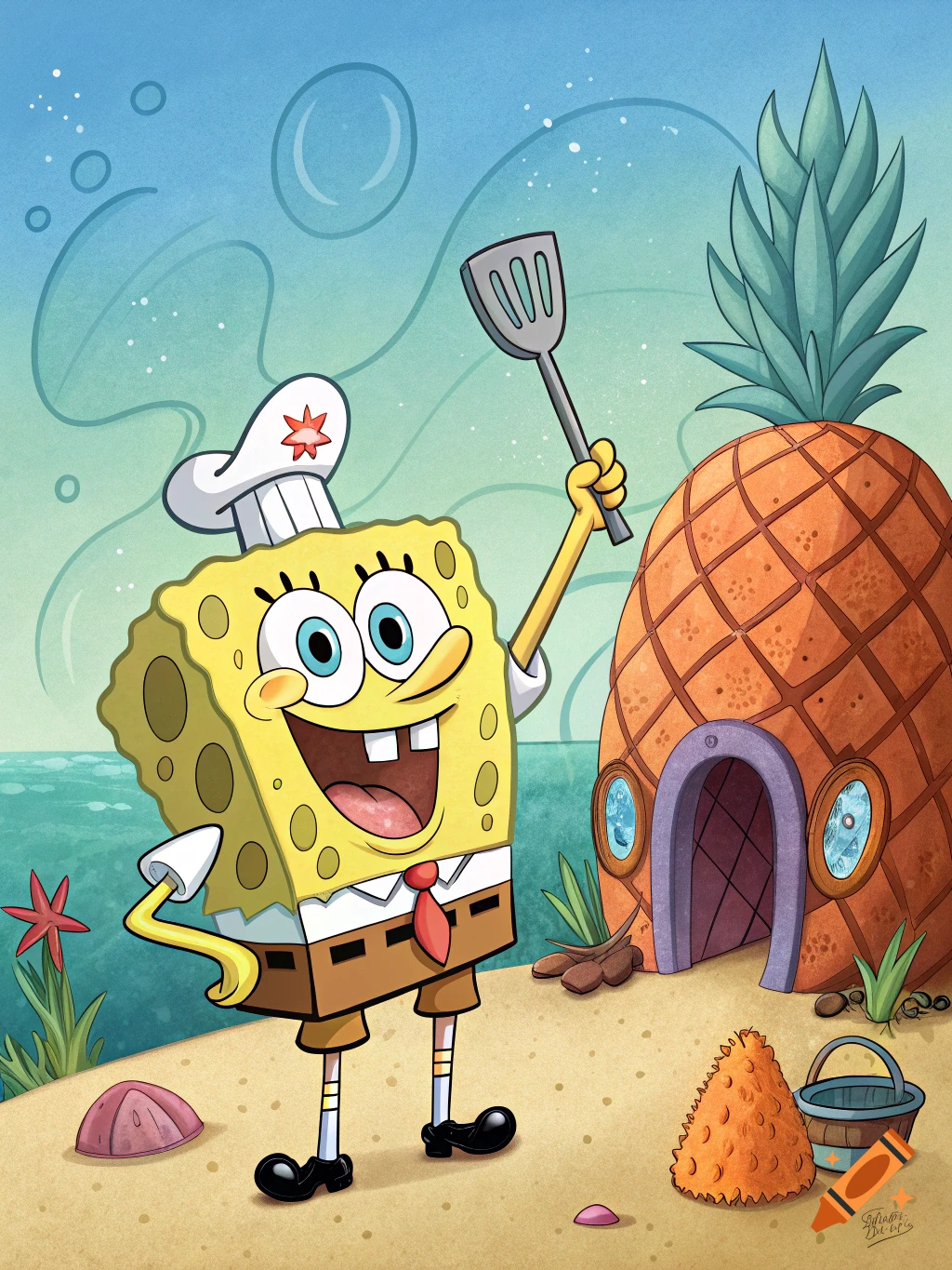 SpongeBob SquarePants holding a spatula in front of his pineapple house ...
