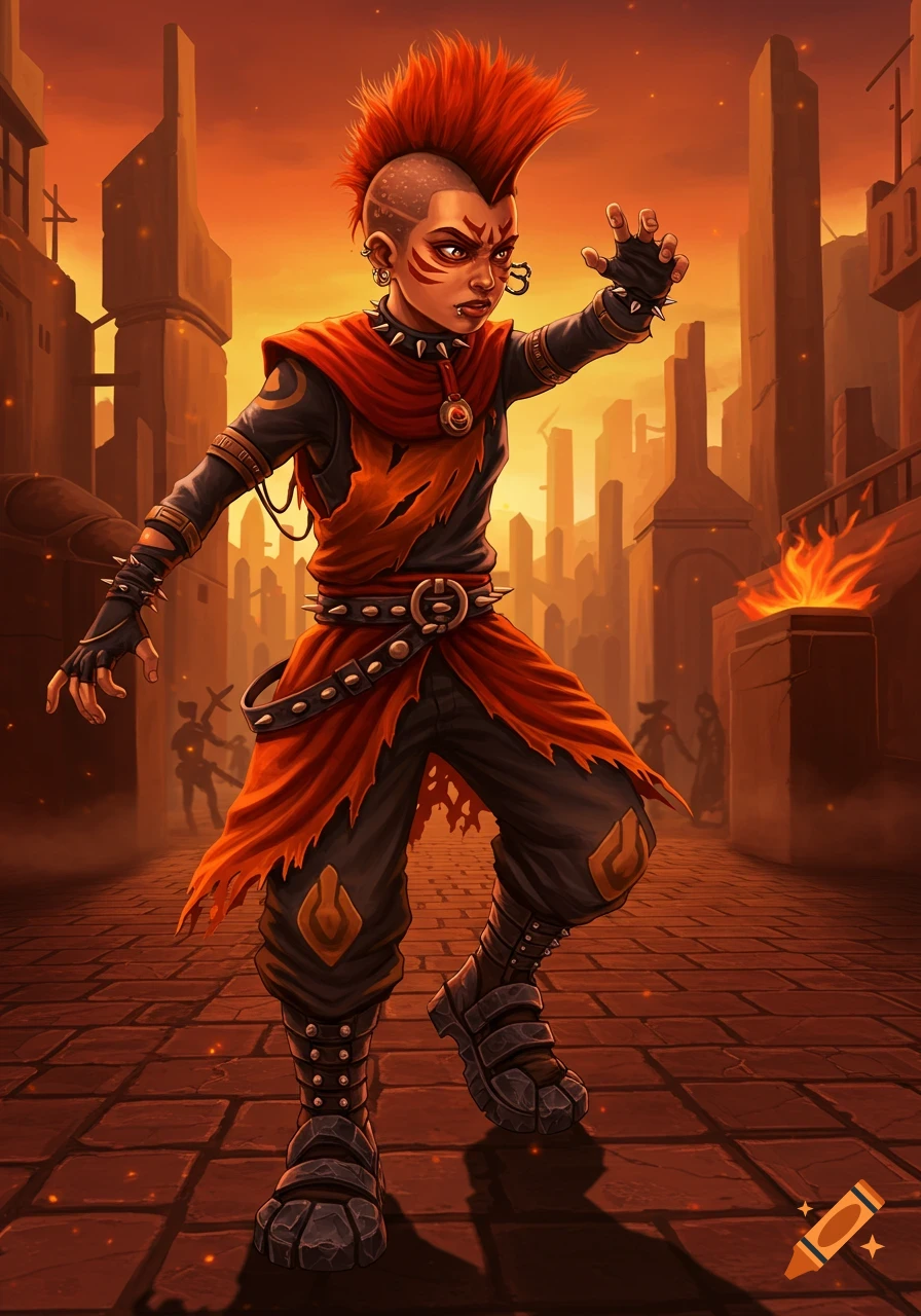 Stylized punk character with red mohawk in urban fantasy setting on Craiyon