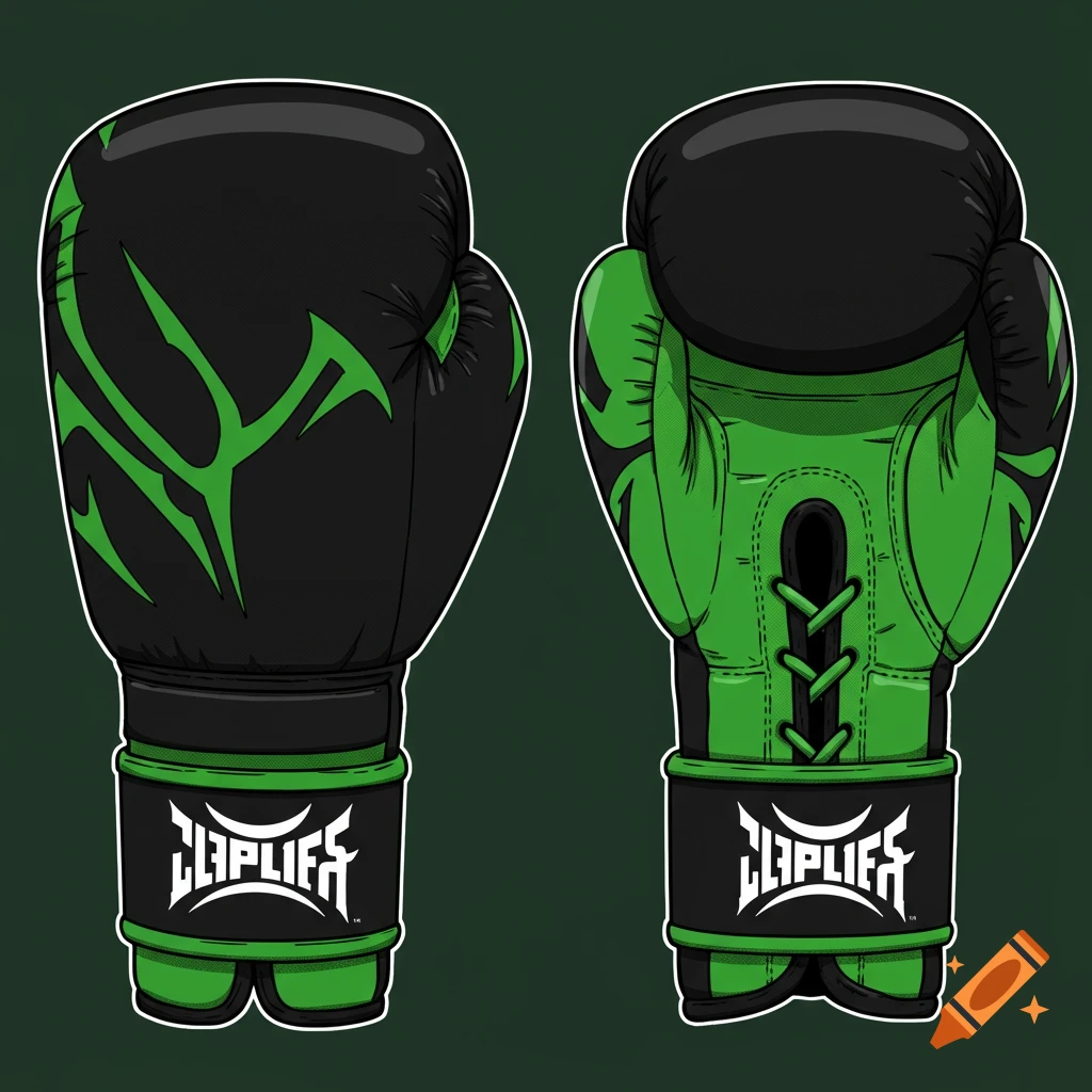 Black and green boxing gloves with green tribal designs and logos, 2D ...