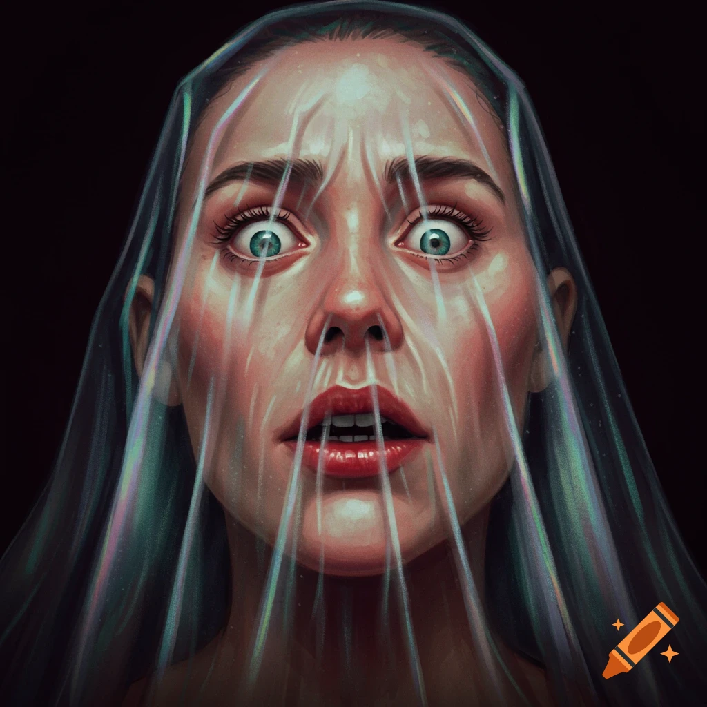 Close-up portrait of a distressed woman's face covered by a reflective ...