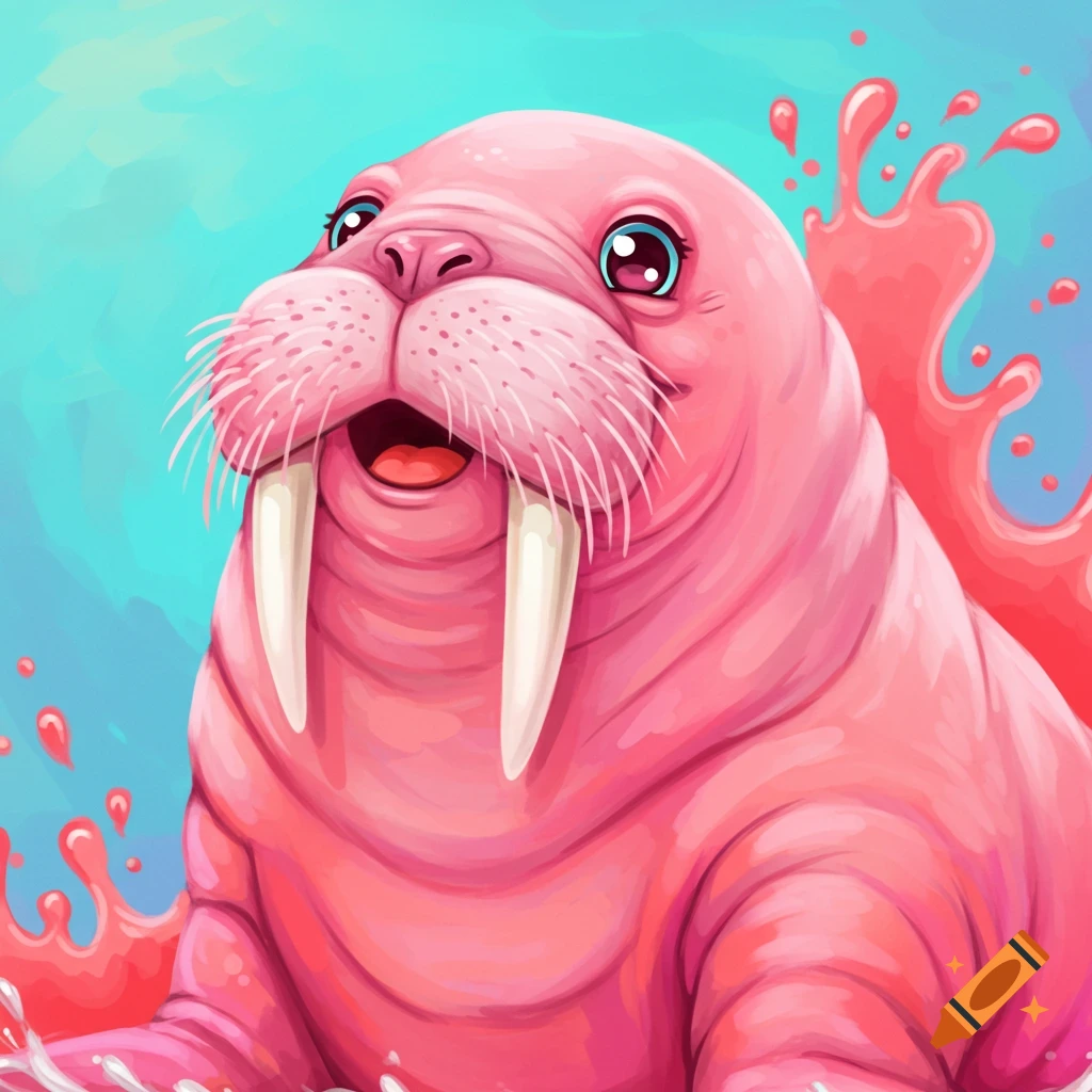 Cartoon illustration of a happy pink walrus splashing in water on Craiyon