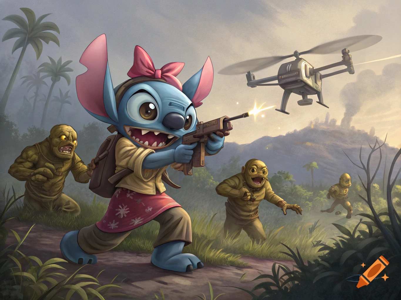 Stitch, wearing a bow and backpack, runs and shoots a gun while being ...