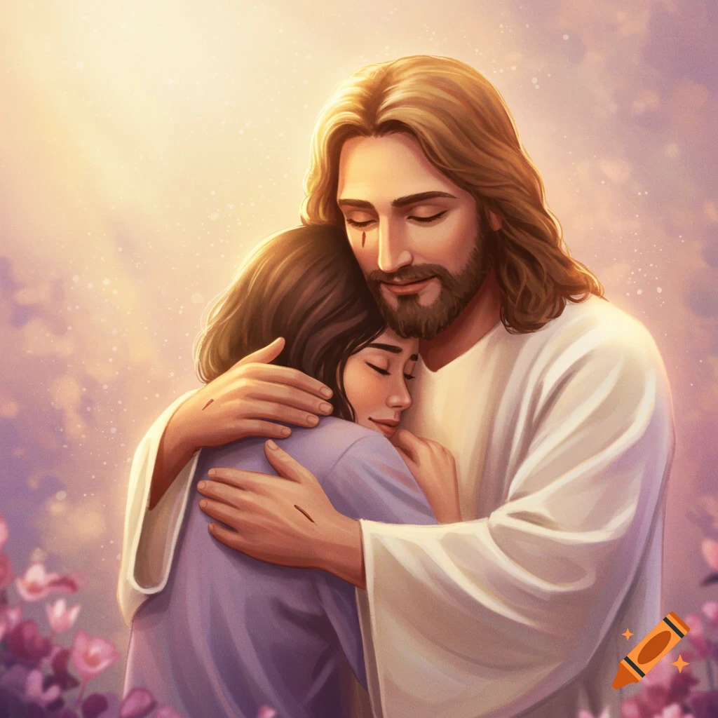 Religious art illustration of Jesus hugging a person in soft light. on ...