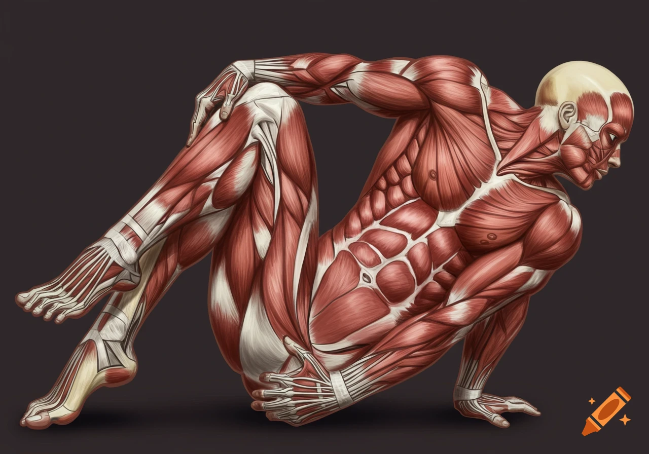 Anatomical illustration of a human figure showing muscles and bones in ...