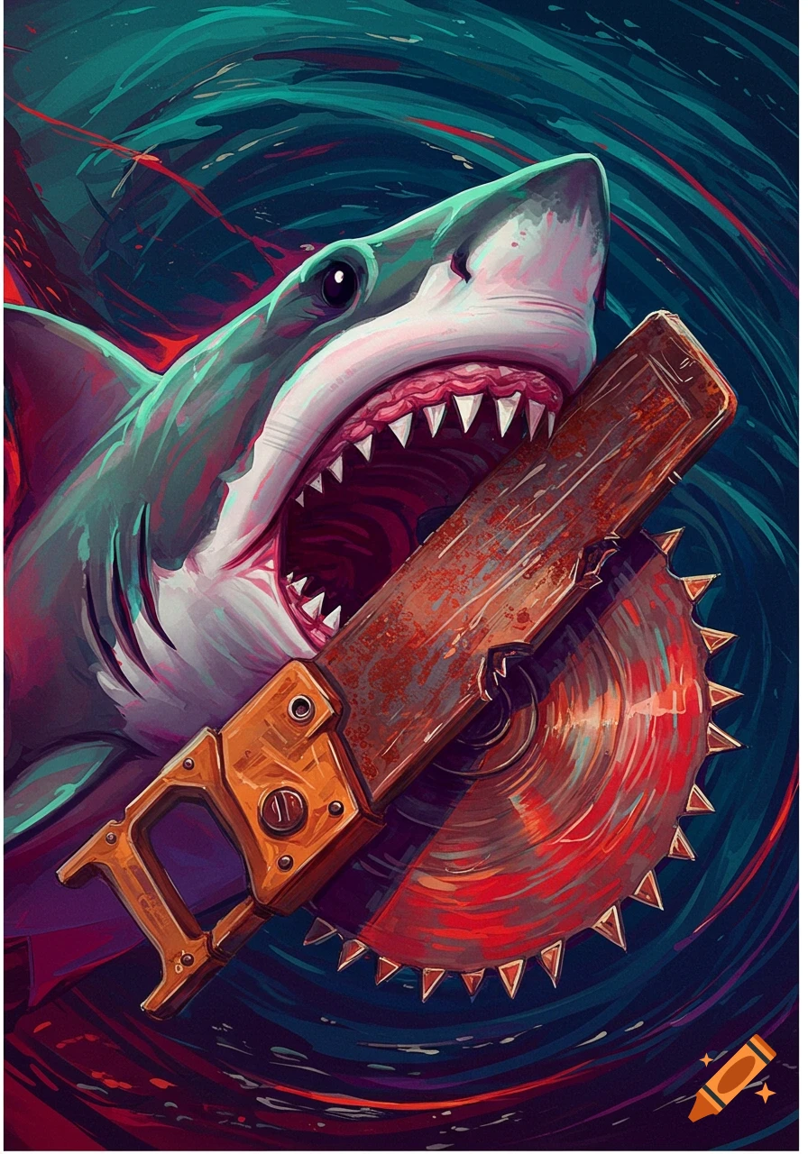 A stylized illustration of a shark with an open mouth holding a large ...