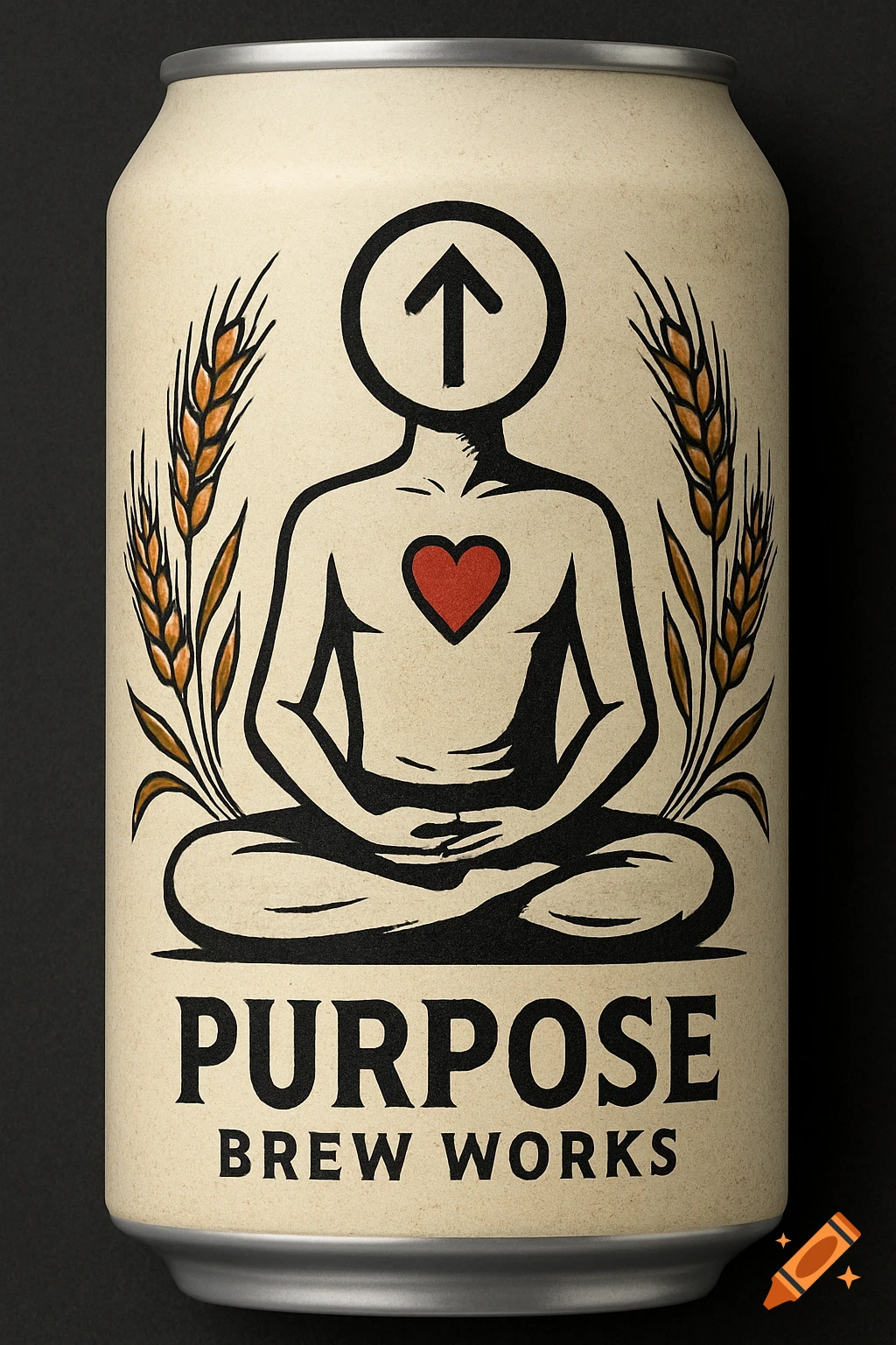 A beer can label with a stylized figure in a yoga pose, featuring a ...