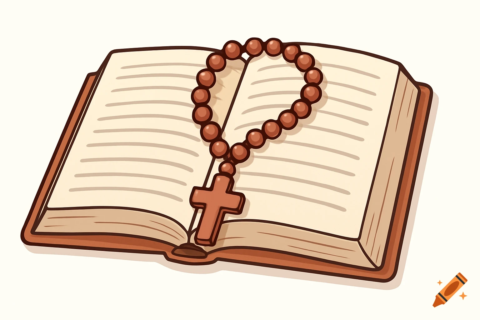 Flat cartoon illustration of an open Bible with a rosary on top on Craiyon