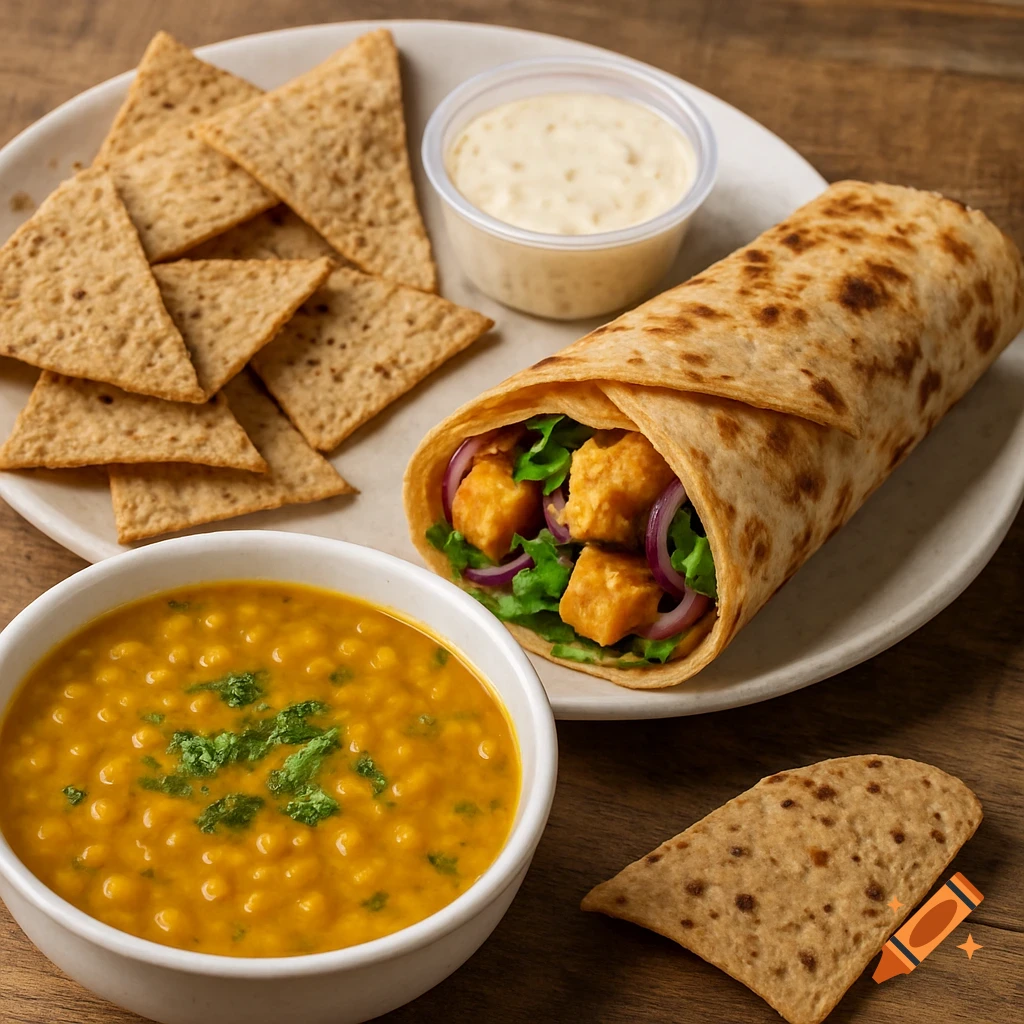 A plate of food with a wrap, bowl of soup, chips, and dip on a wooden ...