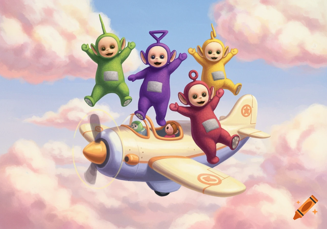Cartoon illustration of Teletubbies flying around an airplane in the ...
