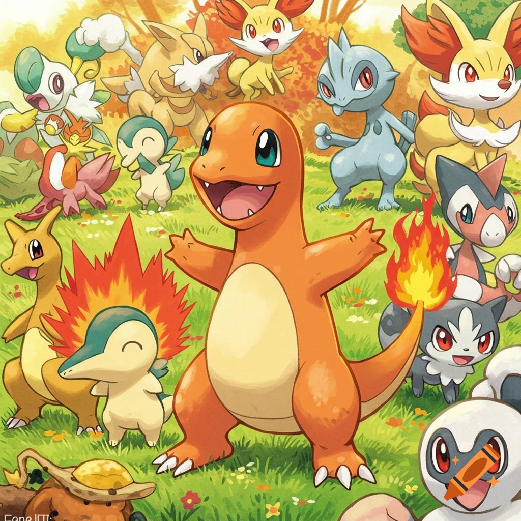 Illustration featuring multiple Pokemon characters including Charmander ...