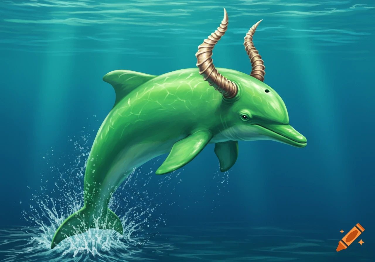 A green dolphin with two horns leaps out of the water. on Craiyon