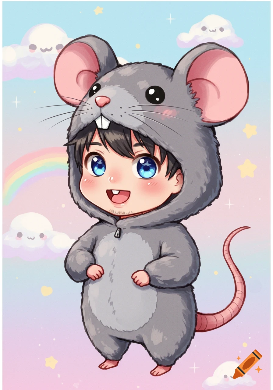 Chibi person in a rat costume with a rainbow and clouds on Craiyon