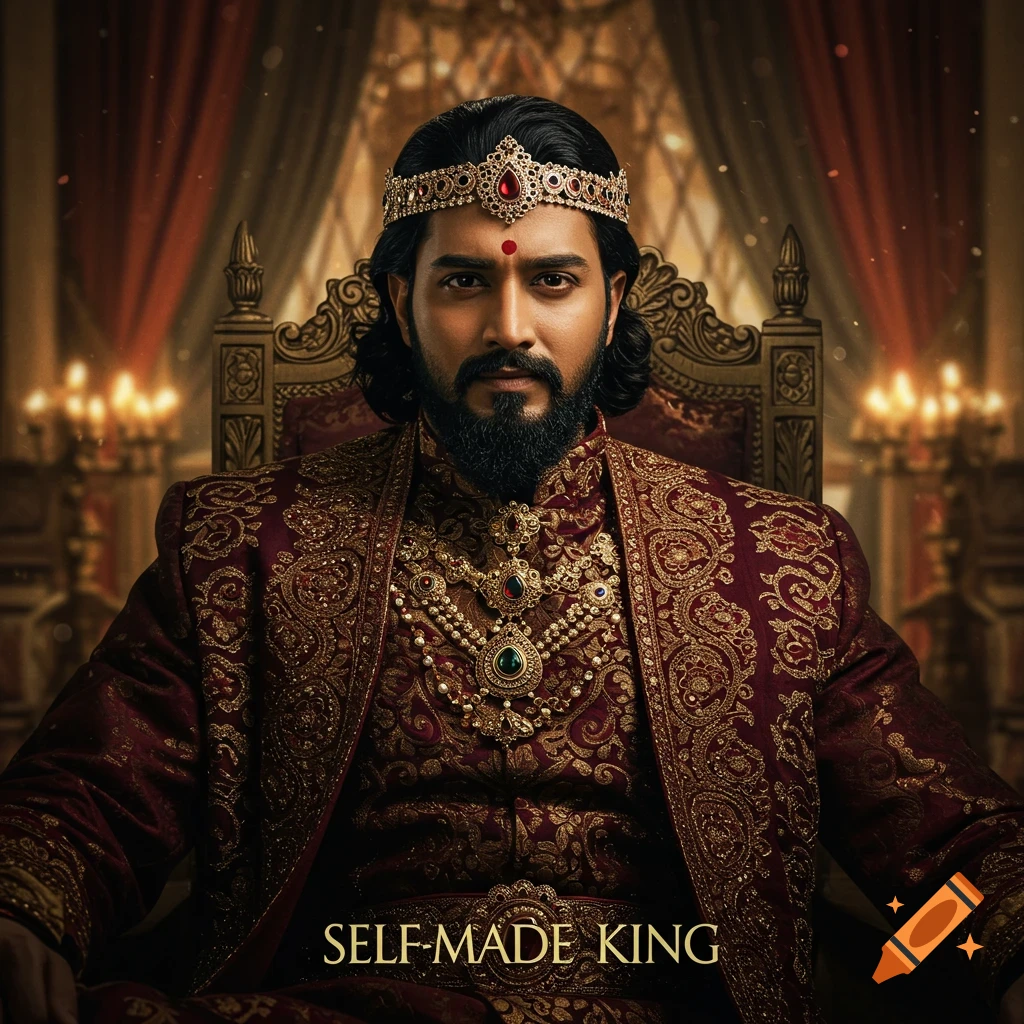 A man in elaborate king's attire and crown sits on a throne. on Craiyon