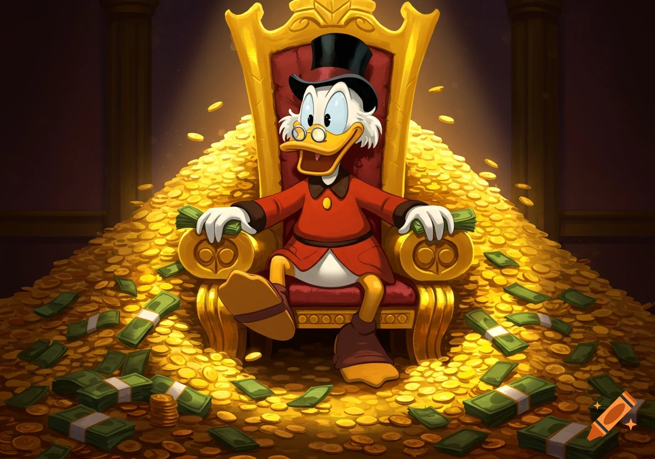 Cartoon character Scrooge McDuck sits on a golden throne surrounded by gold coins and money in a ...