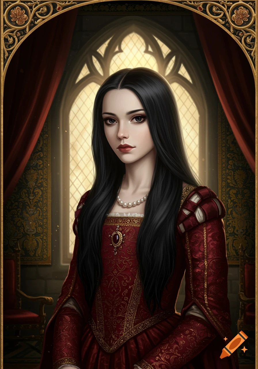 A woman with long dark hair wears a red Elizabethan dress and pearl ...