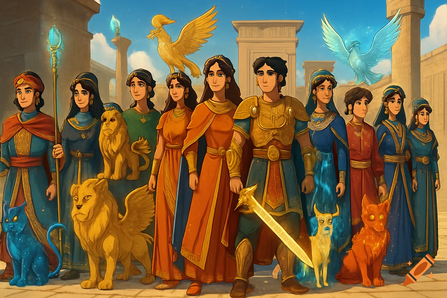 Group of diverse characters in ancient Persian attire with fantasy ...