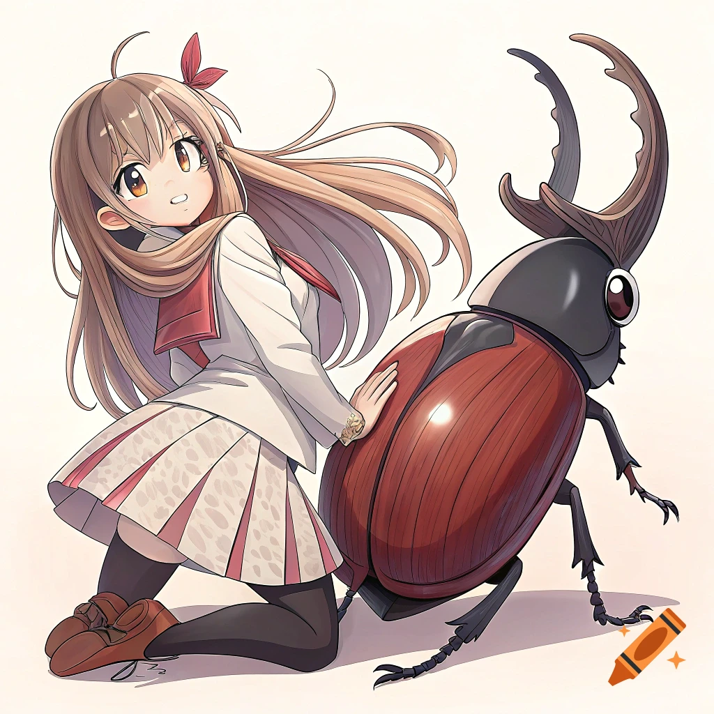 Anime girl kneeling beside a large rhinoceros beetle. on Craiyon