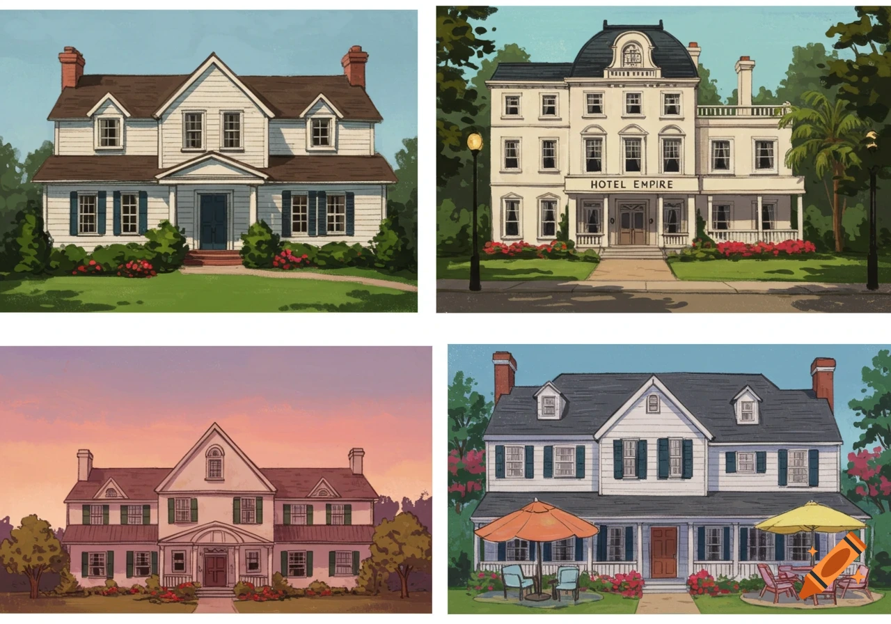 Illustrations of four buildings: two houses, a hotel, and a house with ...