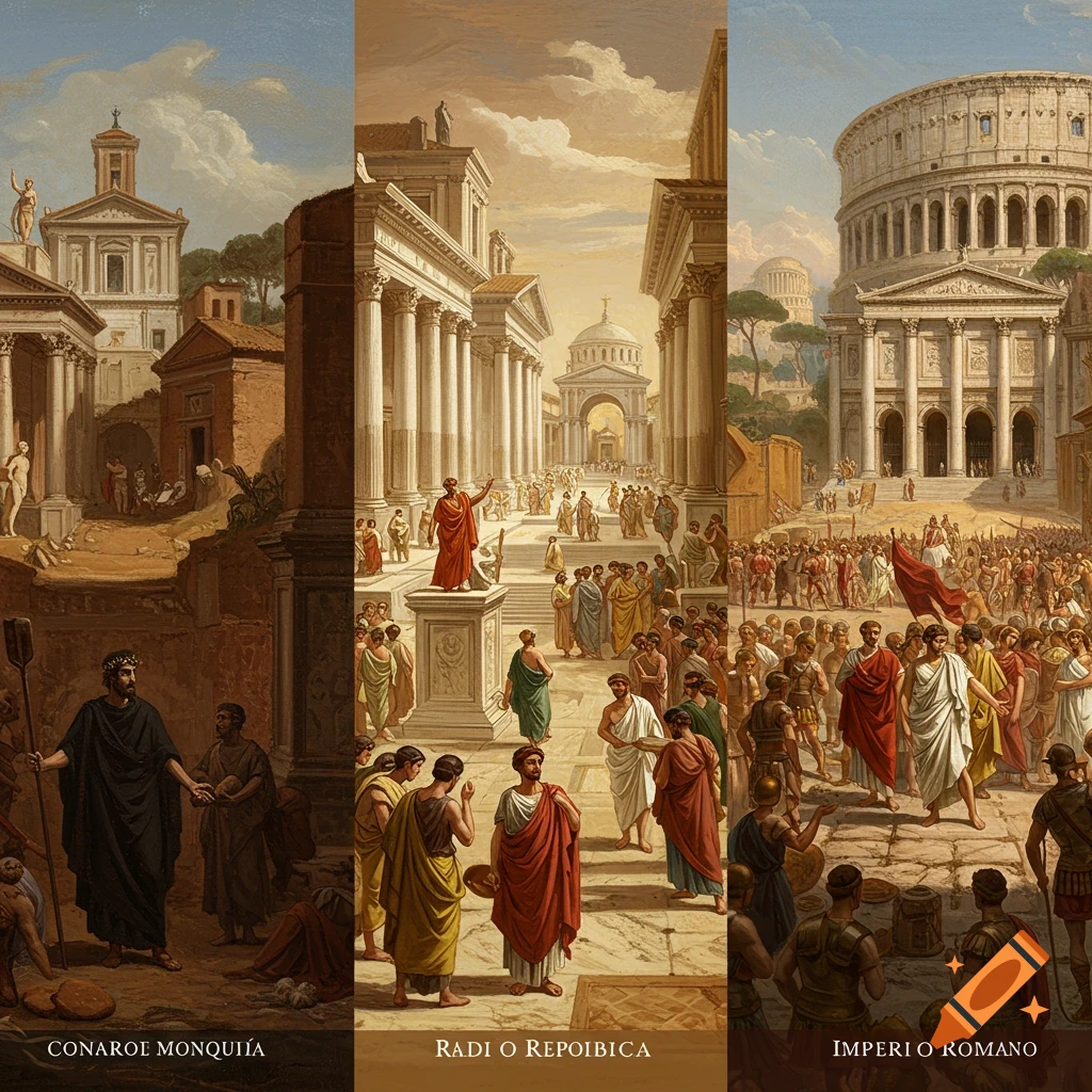 Painting triptych showing three scenes from ancient Roman history: the ...