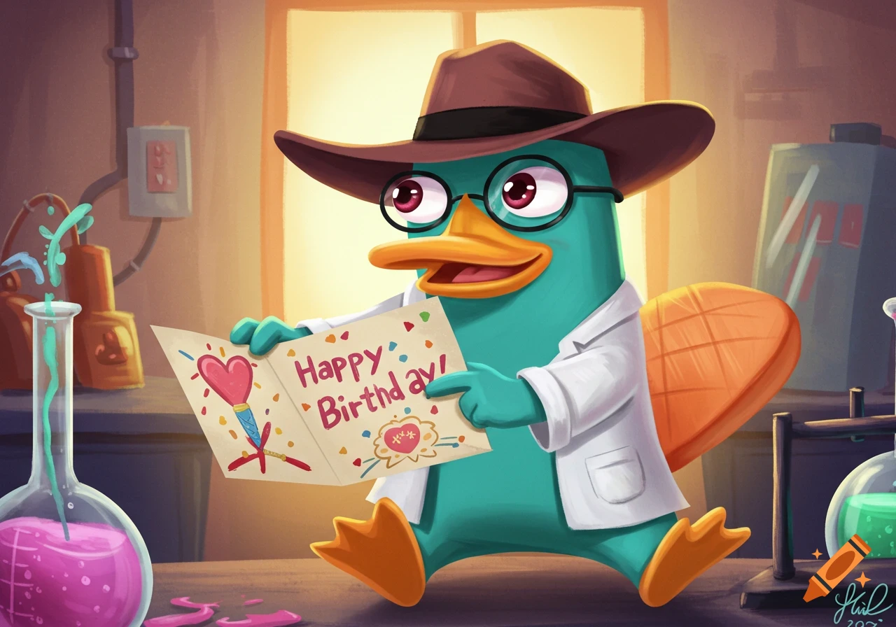 Perry the platypus, wearing a hat and lab coat, holds a birthday card ...