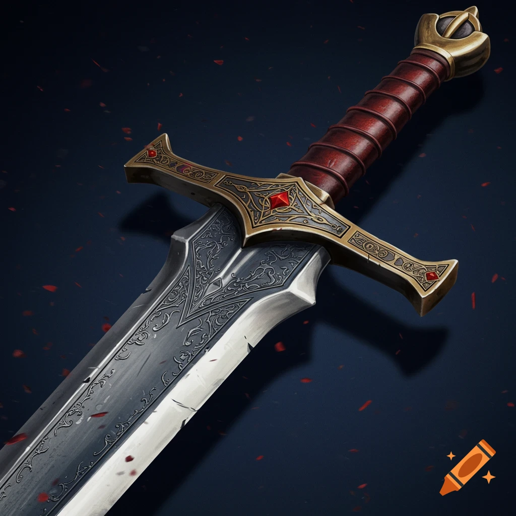 Close-up of an ornate fantasy sword with red gems and a leather grip ...