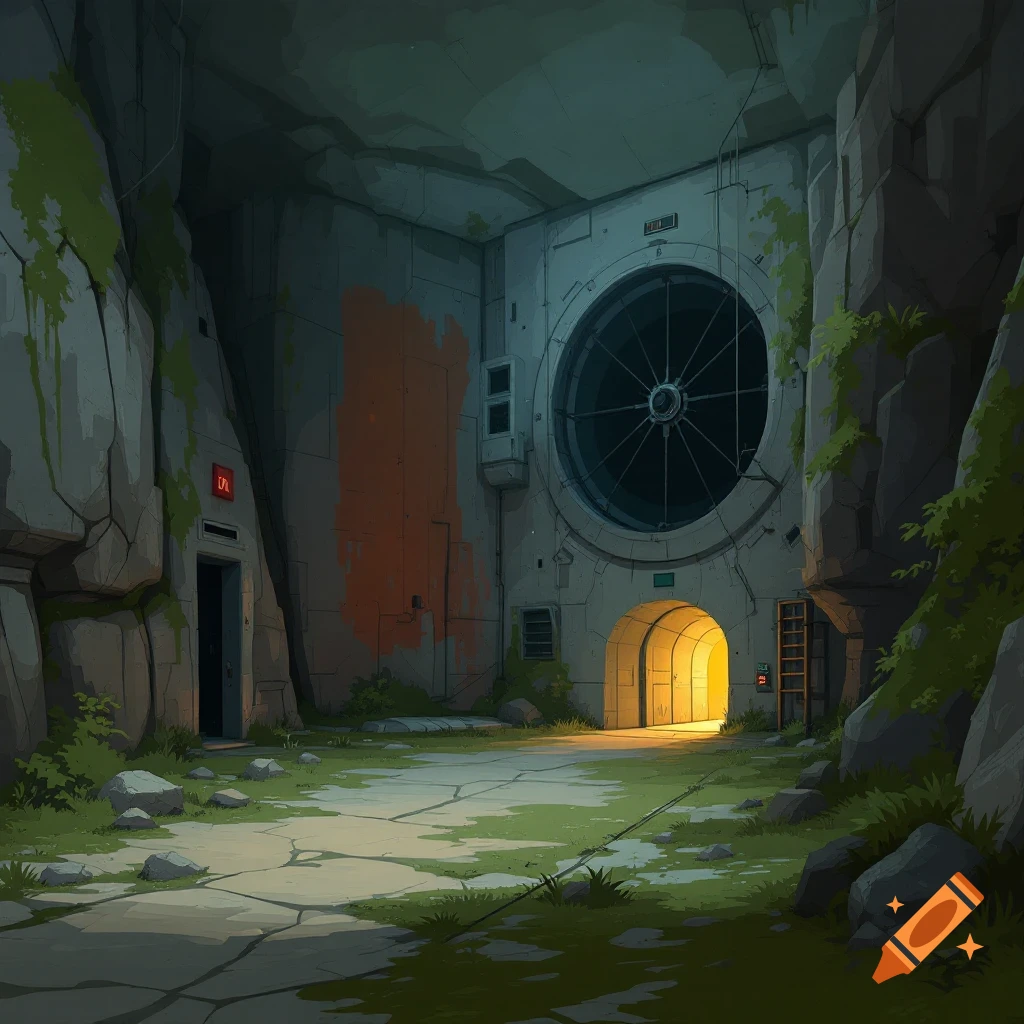 Illustrated underground bunker entrance with a large circular door, a ...