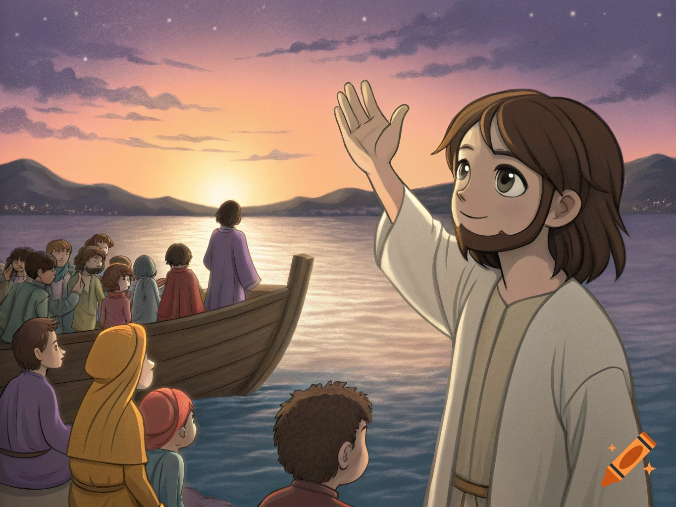Anime style illustration of Jesus waving goodbye to disciples on a boat ...